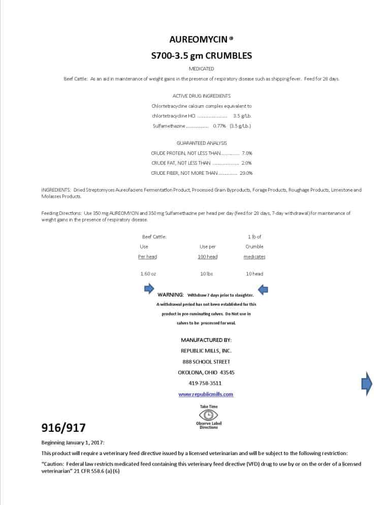 Aureomycin S-700 3.5 Gram Crumbles or Pellets - Republic Mills