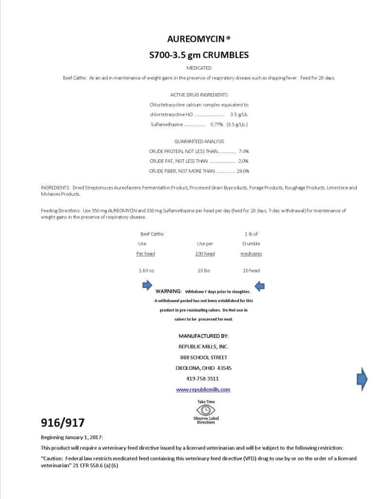 Aureomycin S-700 3.5 Gram Crumbles or Pellets - Republic Mills