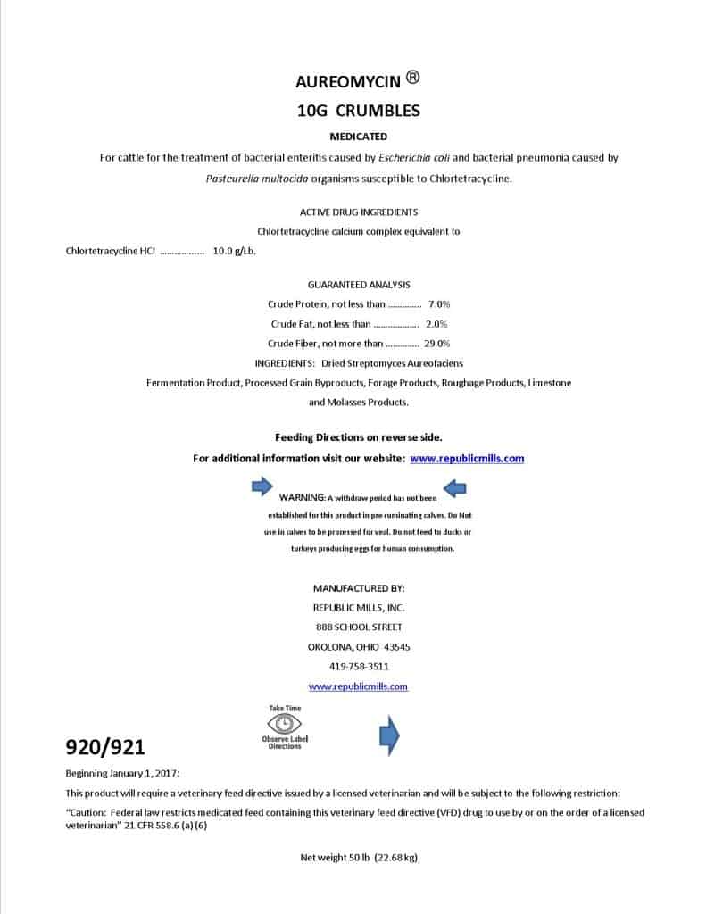 Aureomycin 10 Gram Crumbles or Pellets - Republic Mills